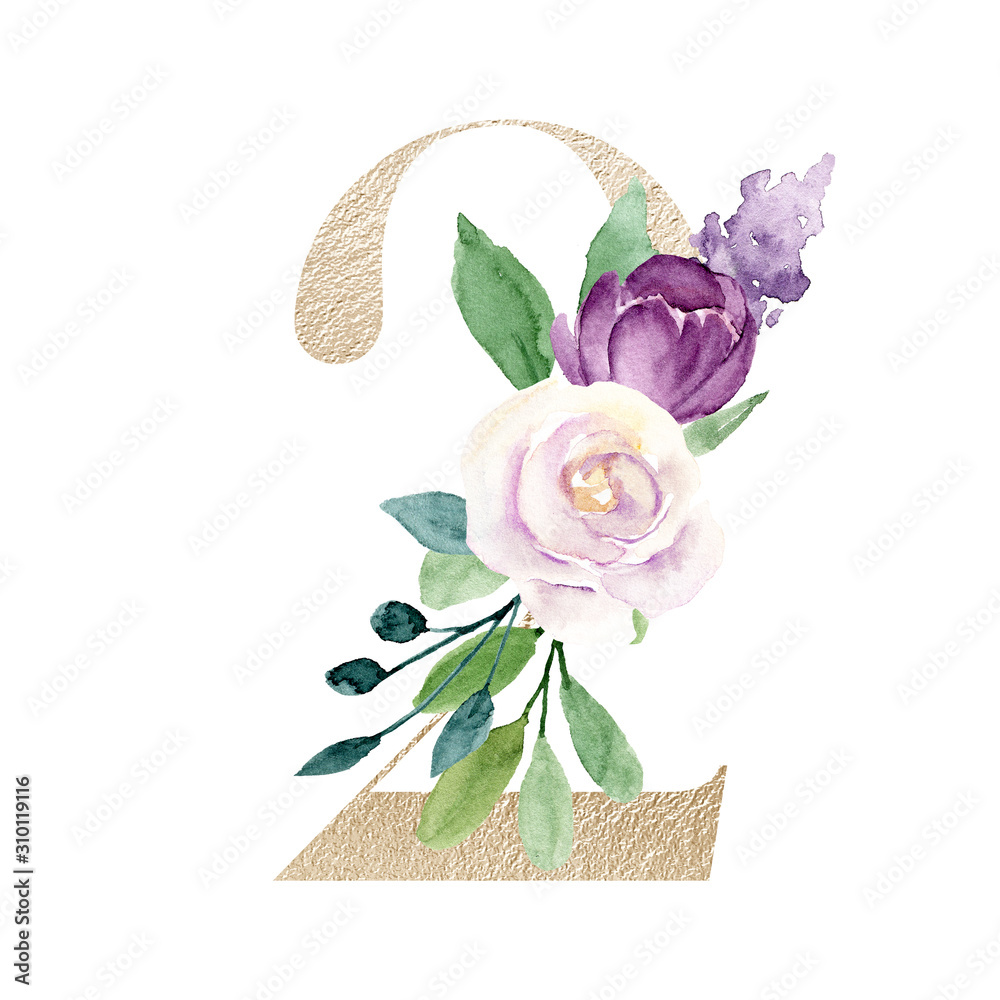 Gold number 2 with watercolor flowers roses and leaf. Perfectly for ...