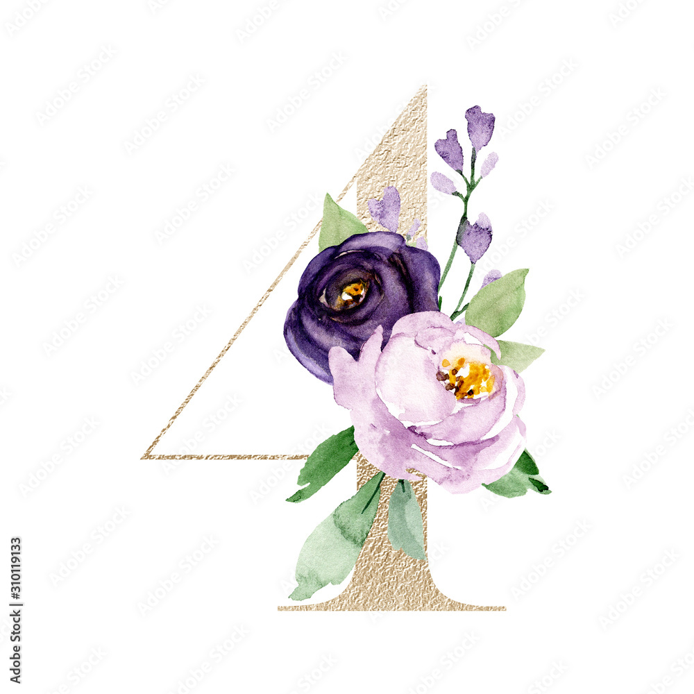 Gold number 4 with watercolor flowers roses and leaf. Perfectly for ...