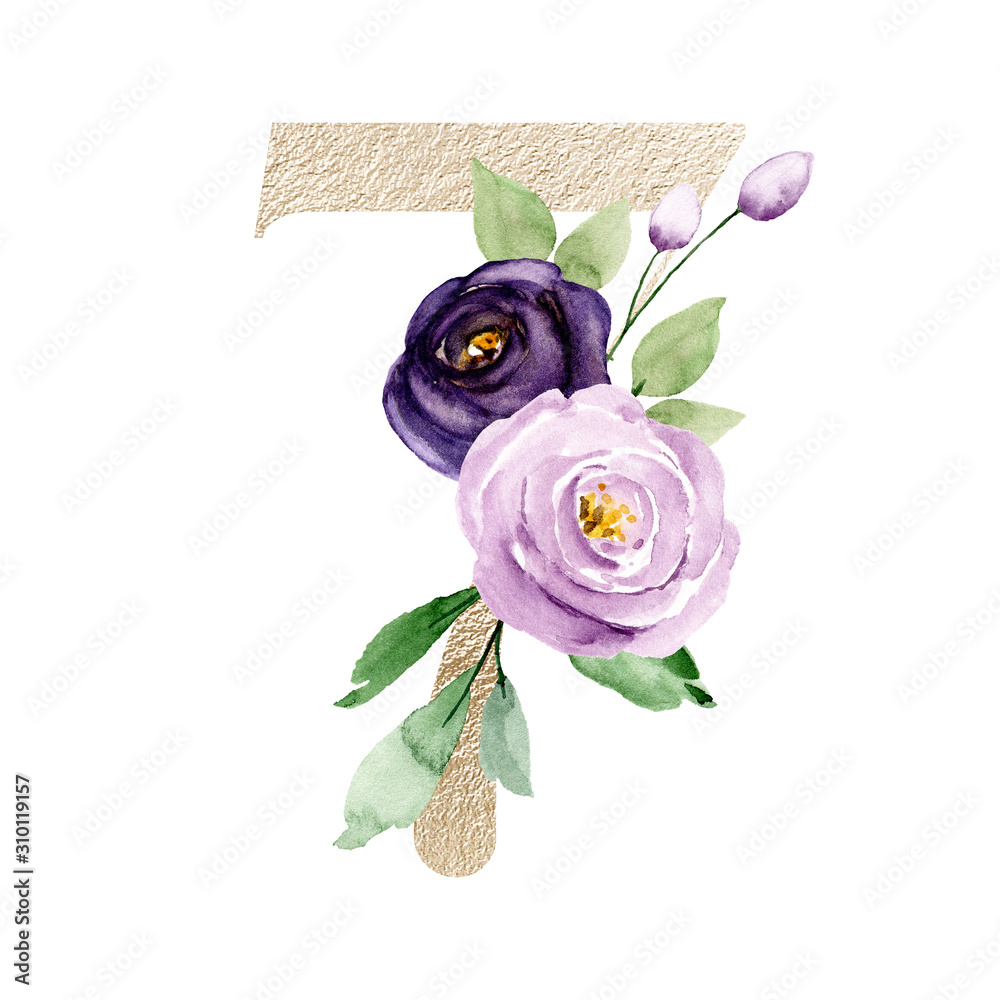 Gold number 7 with watercolor flowers roses and leaf. Perfectly for ...