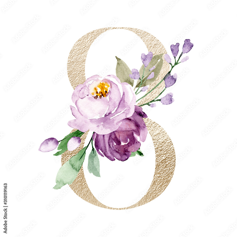 Gold number 8 with watercolor flowers roses and leaf. Perfectly for ...