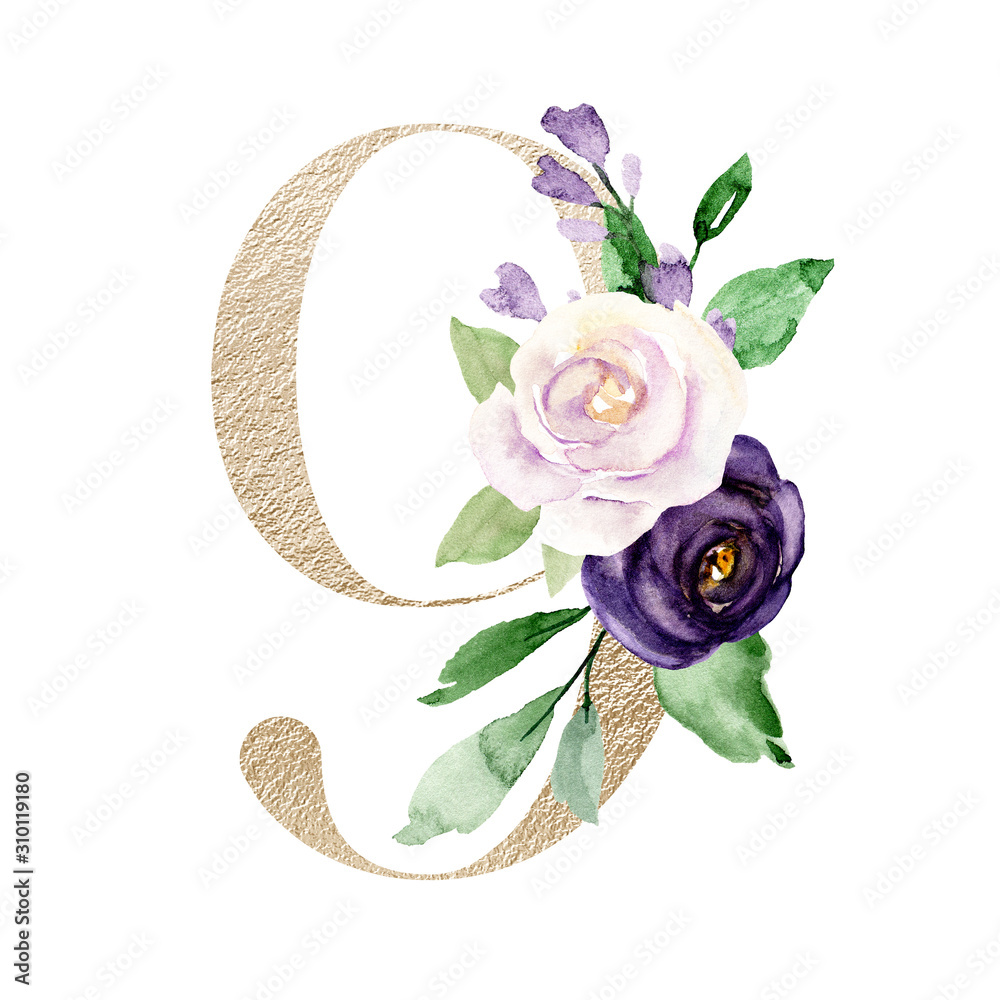 Gold number 9 with watercolor flowers roses and leaf. Perfectly for ...