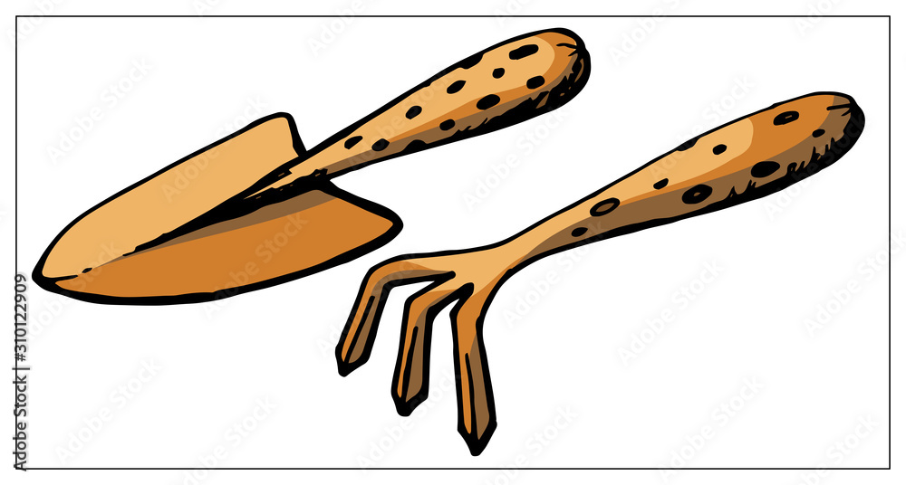 Vector symbols of hand rake and shoulder blades for gardening Stock ...