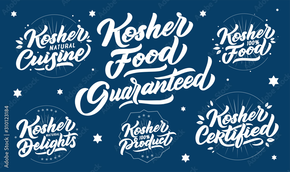 Set of kosher food logos, stamps, lettering phrases. Vector ...