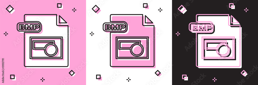 Set BMP file document. Download bmp button icon isolated on pink and ...