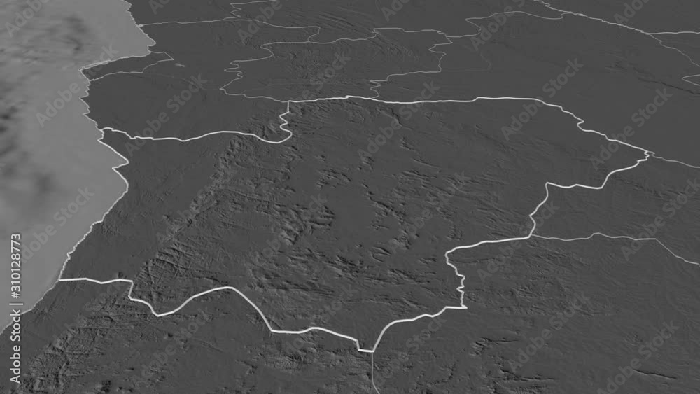 Cuanza Sul, province with its capital, zoomed and extruded on the bilevel map of Angola in the ...