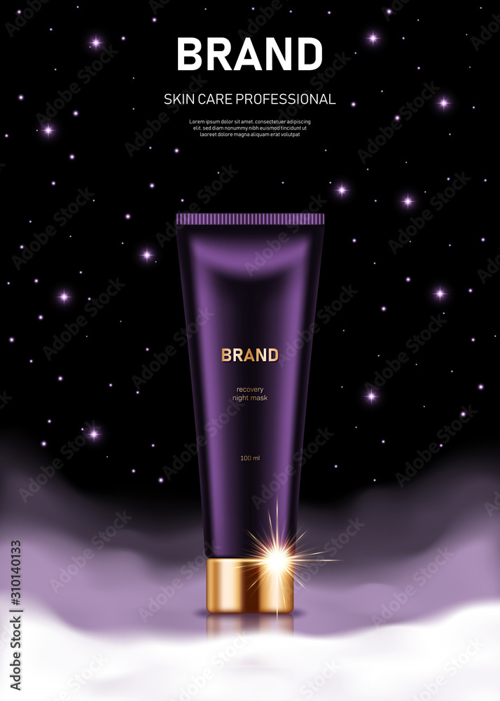 Realistic cream tube with golden lid on night background with clouds ...