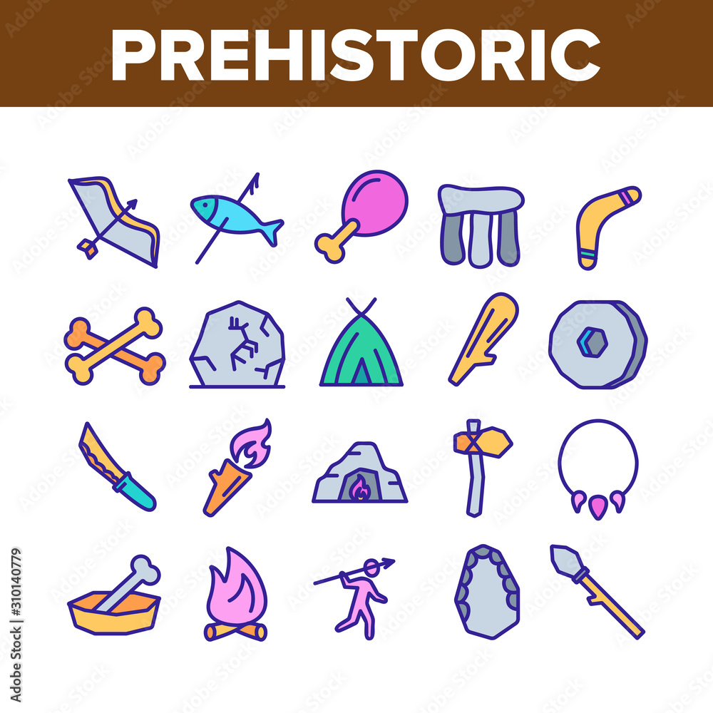 Prehistoric Primitive Collection Icons Set Vector Thin Line. Bone In ...