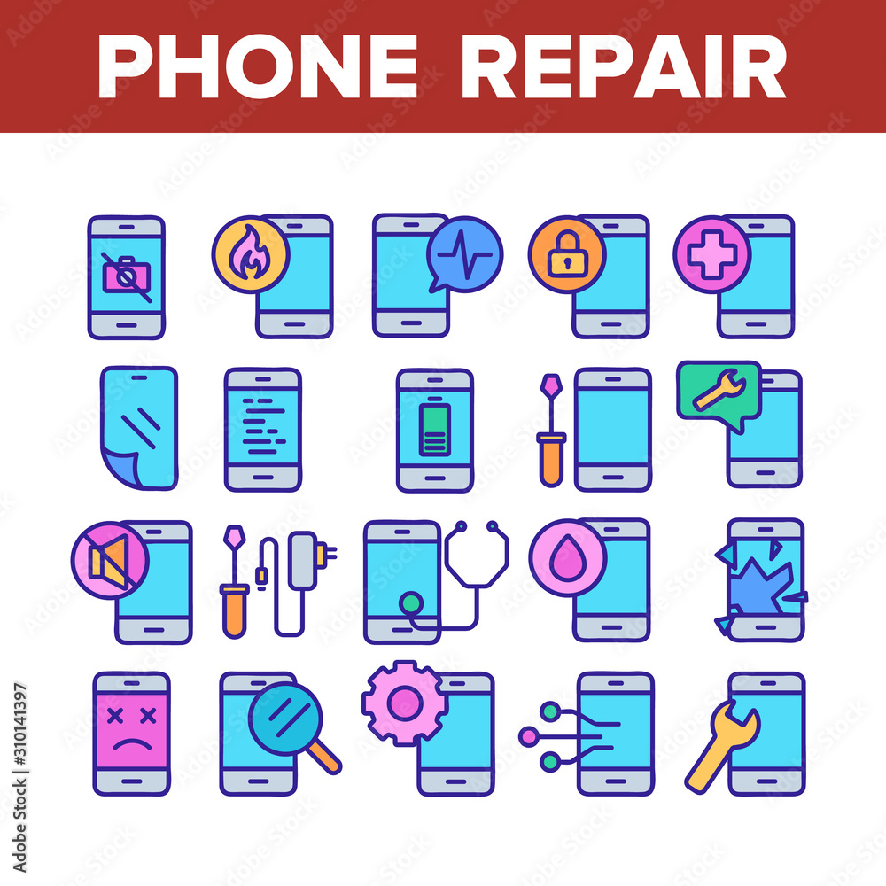 Phone Repair Service Collection Icons Set Vector Thin Line. Mobile ...