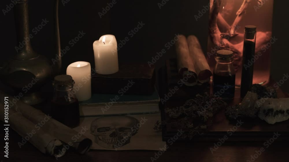 Recreation of alchemy altar with occult and wichcraft artifacts and ...