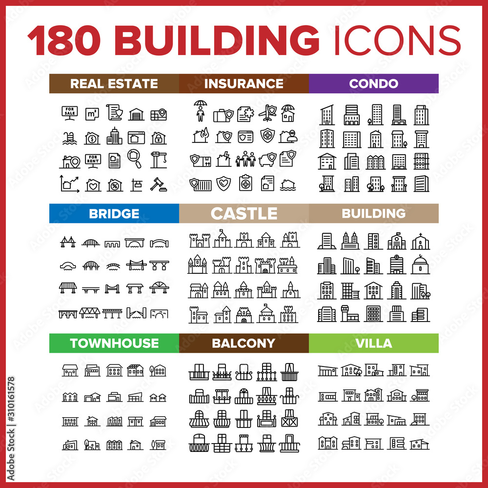 Building Icon Thin Line Big Set Vector. Building Symbol Package Bundle ...