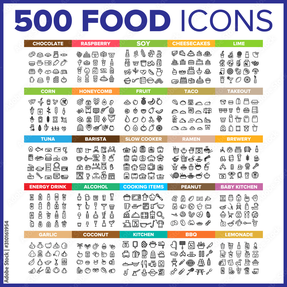Food Icon Thin Line Big Set Vector. Food Symbol Package Bundle ...