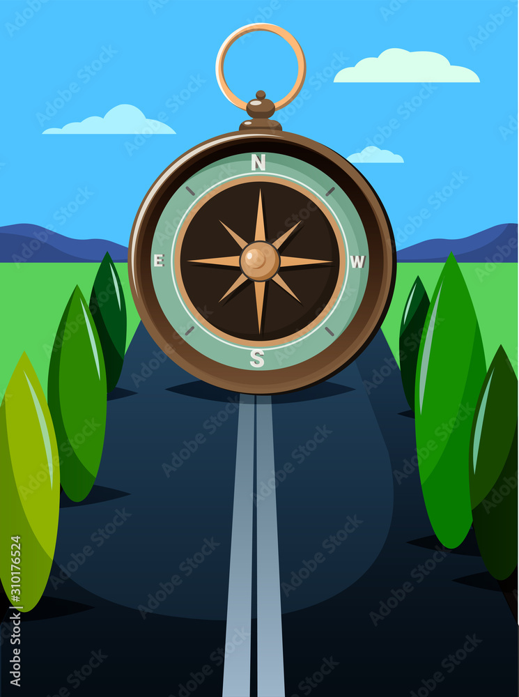 Vector illustration with compass, road going to the horizon and ...