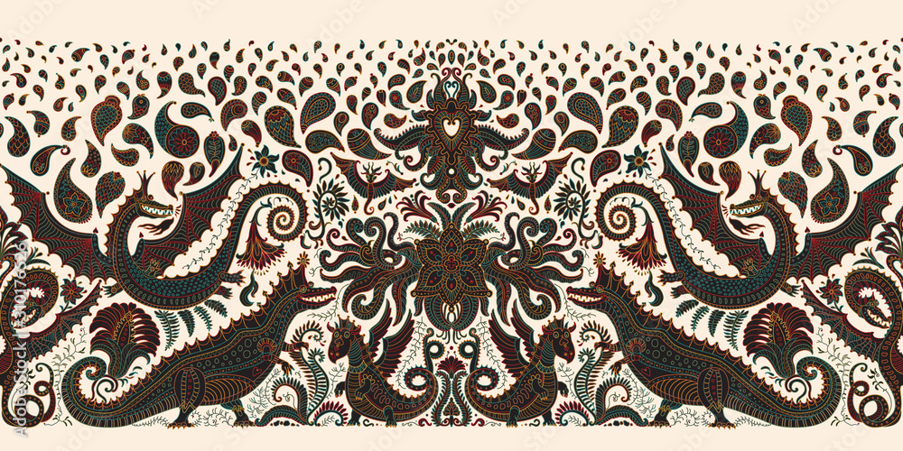 Vector seamless pattern with black dragon print on a beige background ...