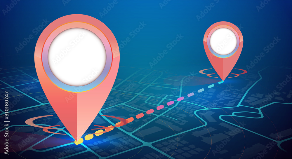 GPS icon showing on city map point 1 to point 2 with line connect Stock ...