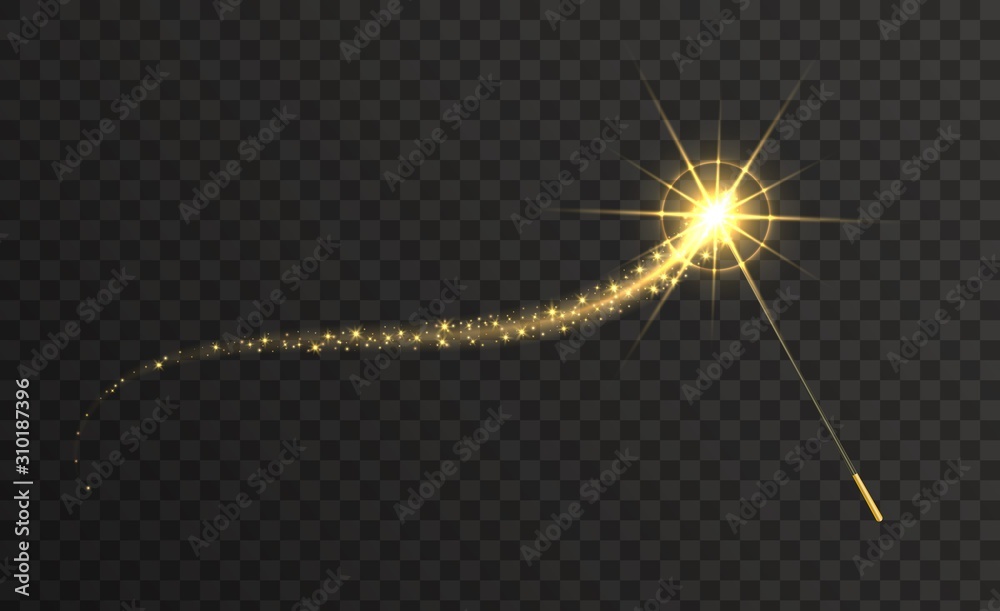 Magic wand with golden swirl and sparkles isolated on transparent ...