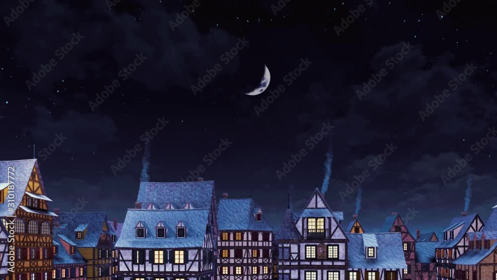 Rooftops with smoking chimneys of traditional half-timbered european ...