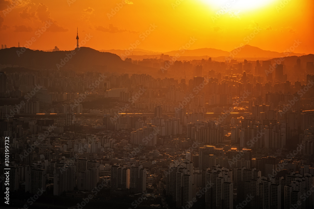 Korea,sunset of seoul city skyline on seoul tower Stock Photo | Adobe Stock