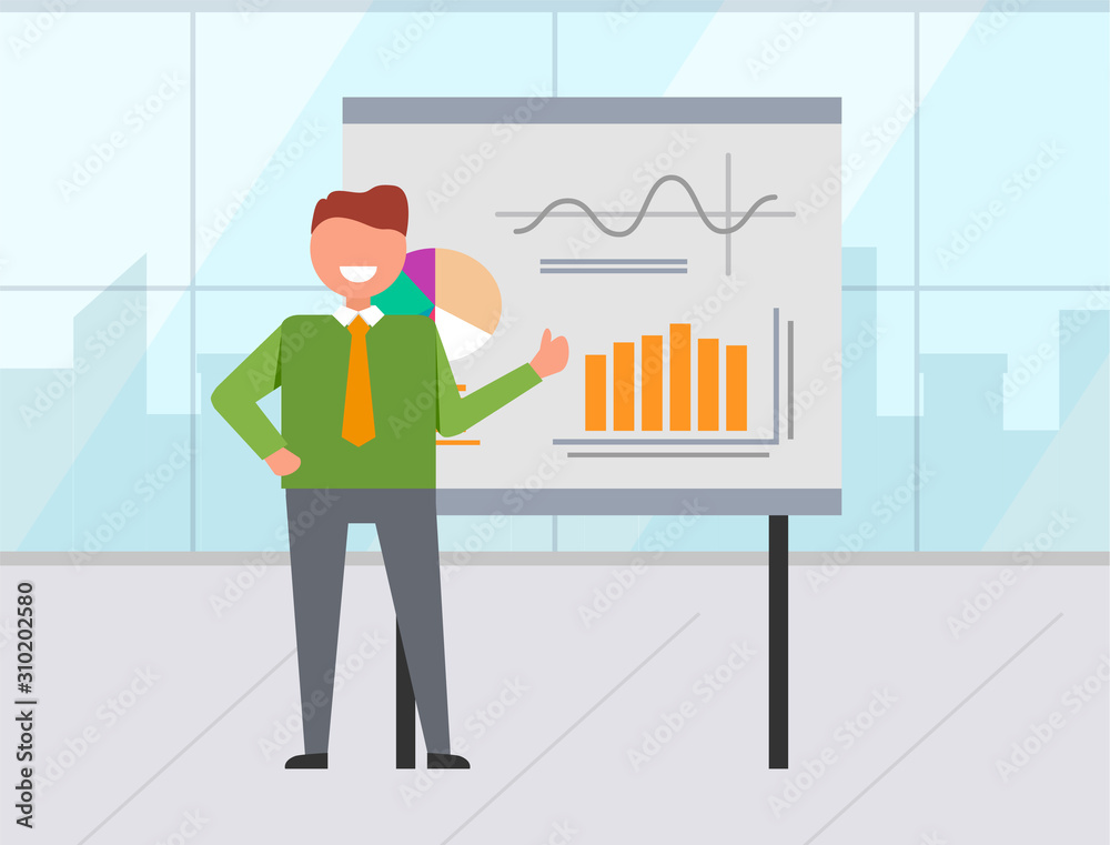 Smiling man presenting graph report on workplace. Presenter in suit ...