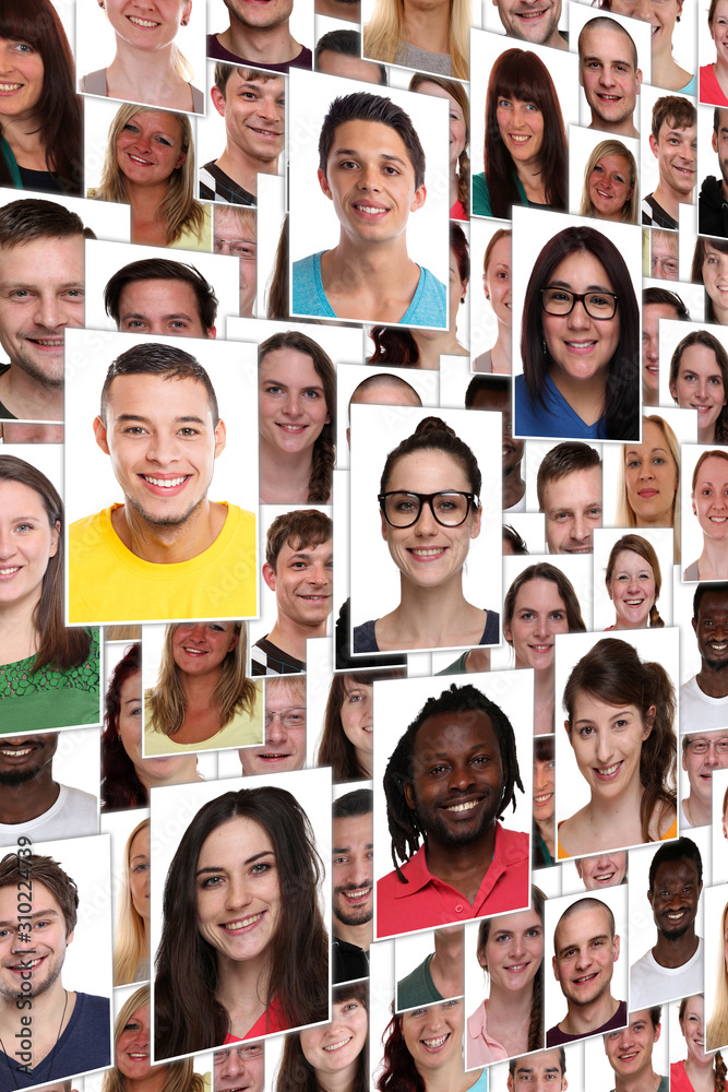 People background group of multiracial young smiling happy faces ...