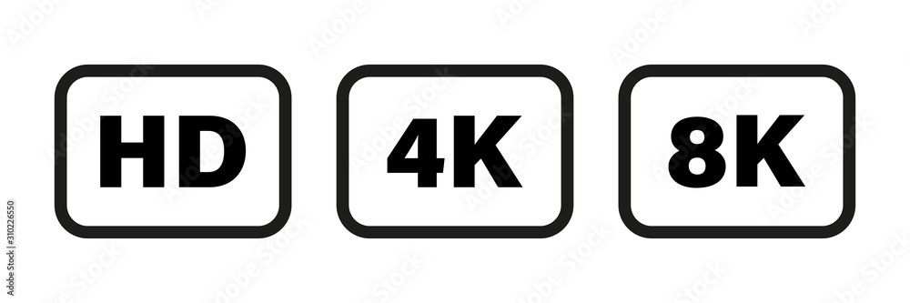 8K 4K HD video format vector icon isolated on white background. Web tv ...