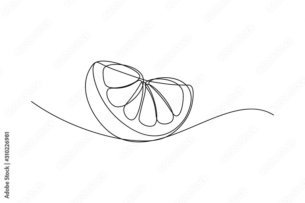 Orange fruit slice in continuous line art drawing style. Black line ...