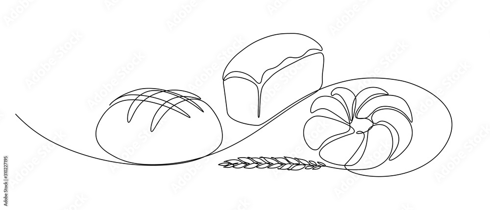 Bakery products with wheat ear in continuous line art drawing style ...
