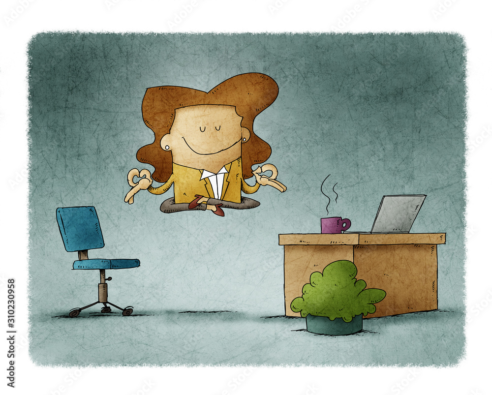 employee woman is floating in her office while relaxing. Stock ...