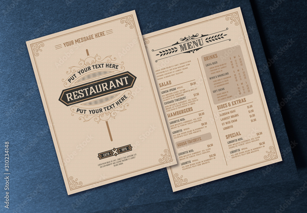 Restaurant Menu Layout with Ornamental Elements Stock Template | Adobe ...