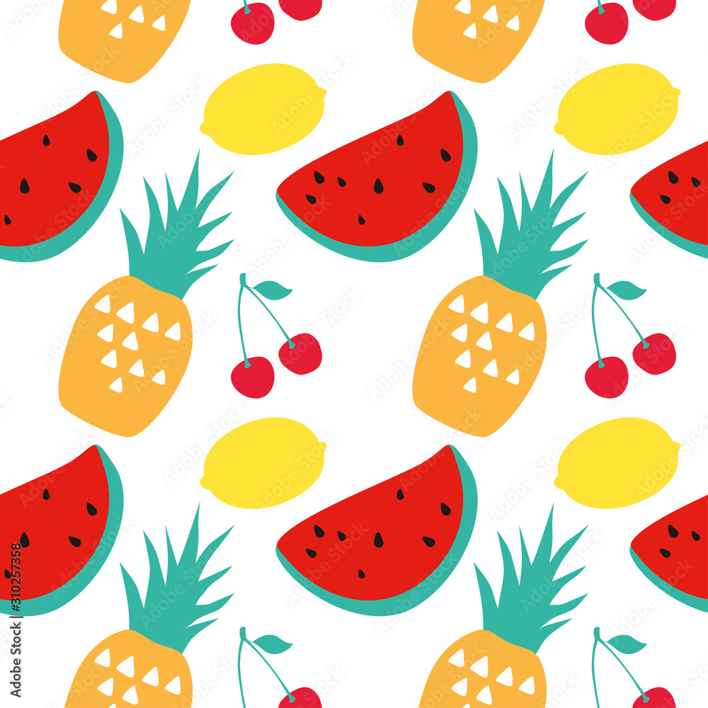 Seamless pattern with fruits. Background with lemon, cherry, watermelon ...