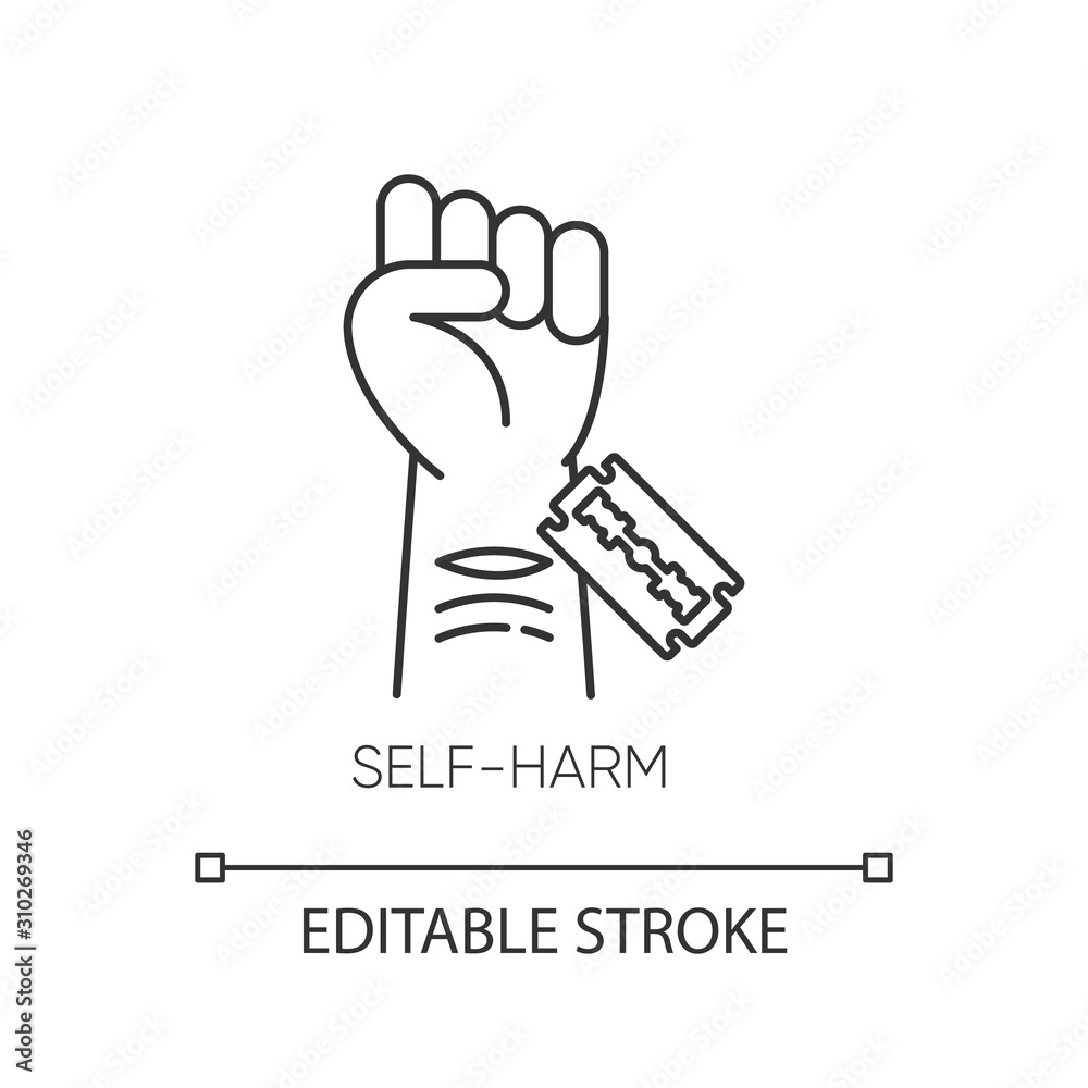 Self-harm linear icon. Cut hand with razor blade. Mental disorder. Hurt ...