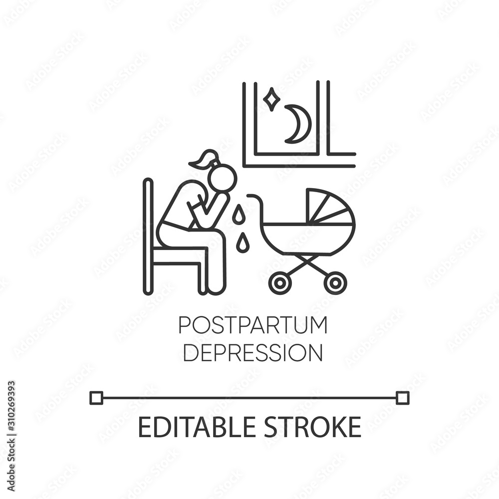 Postpartum depression linear icon. Crying woman. Stress. Tired mother ...