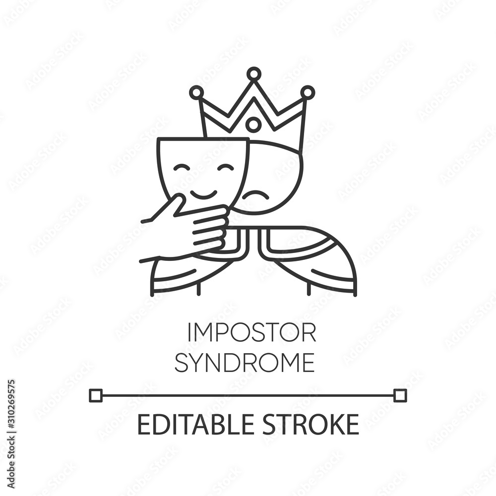 Impostor syndrome linear icon. Sad man with smile mask. Fraud, doubt ...
