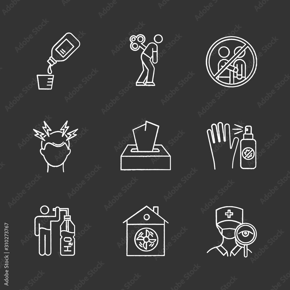 Common cold chalk icons set. Cough syrup. Fatigue of overwork. Avoid ...