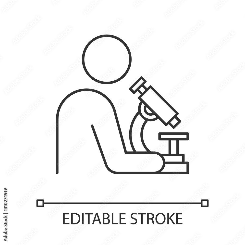 Man with microscope linear icon. Scientist at work. Organic chemistry ...