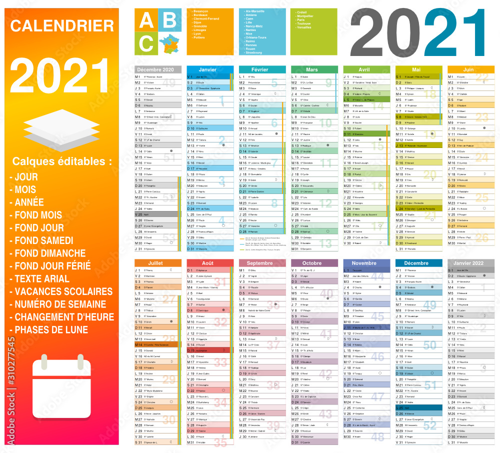 Calendrier 2021 sur 14 mois multicaque - modifiable - texte arial Stock ...