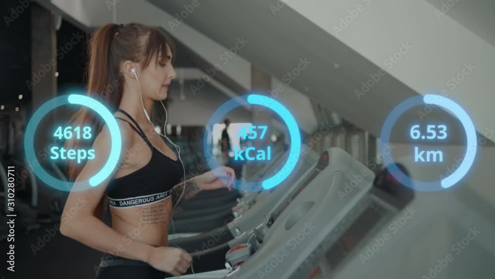 3d animation motion graphic charts of steps kcal km woman running on a ...