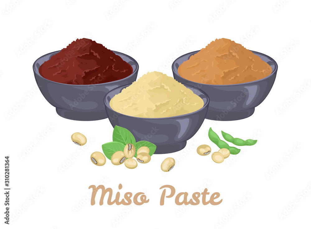 Miso paste in dark bowls and soybeans isolated on white background ...