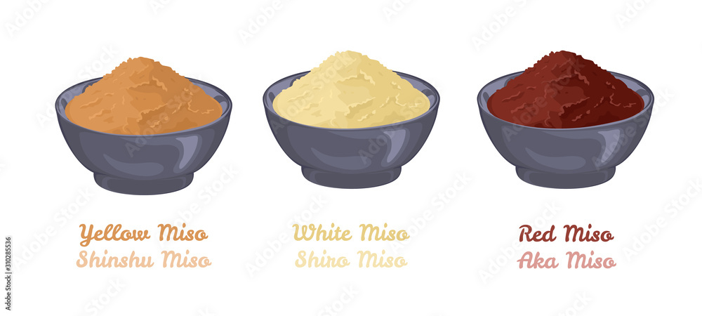 Miso paste in bowls isolated on white background set. White shiro Miso ...