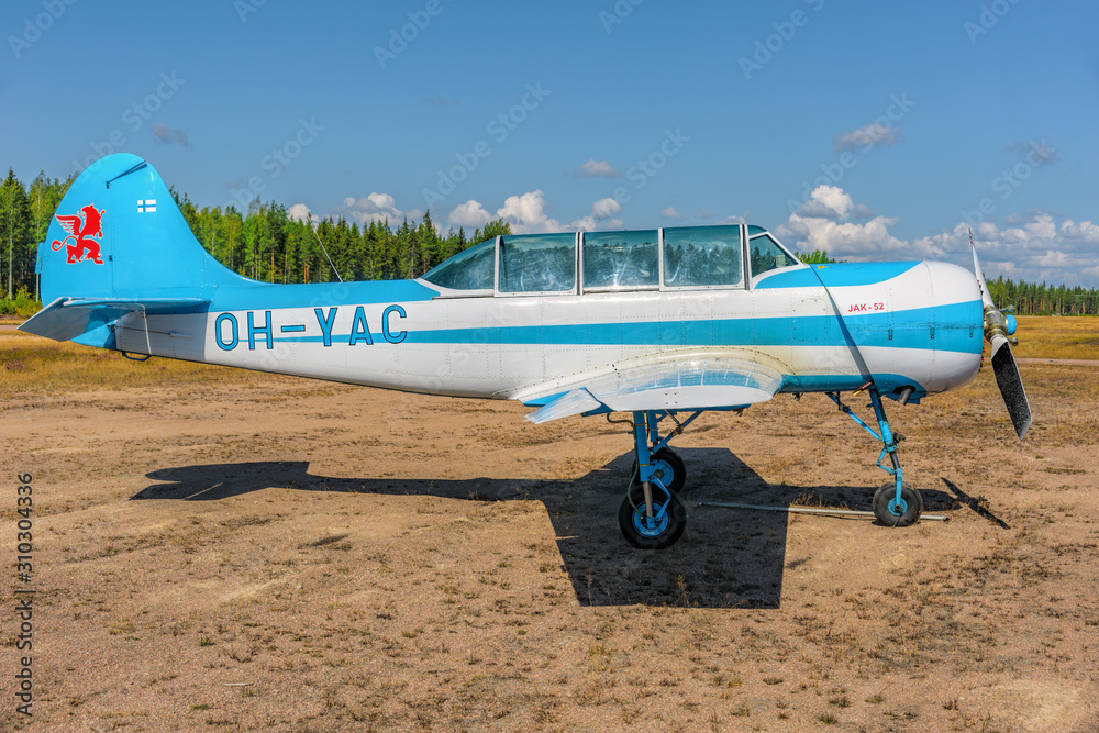 Two-seat single-engined piston-powered Yakovlev Yak-52 primary aerobatic trainer aircraft OH-YAC ...
