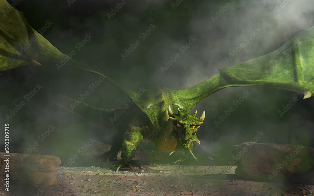 From dark smoke and mist, a huge green dragon emerges. Its wings spread ...