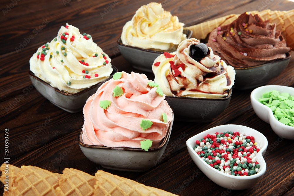 soft ice cream in flavor vanilla, chocolate and strawberry. Delicous ...