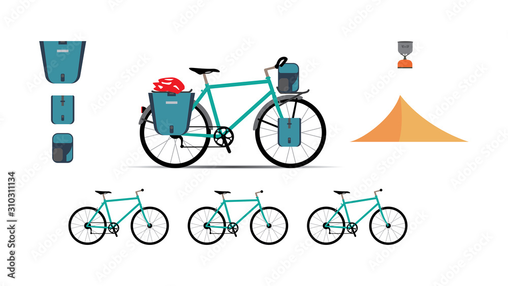 Vector set of touring bikes with saddlebag, frame bag, handlebar bag ...