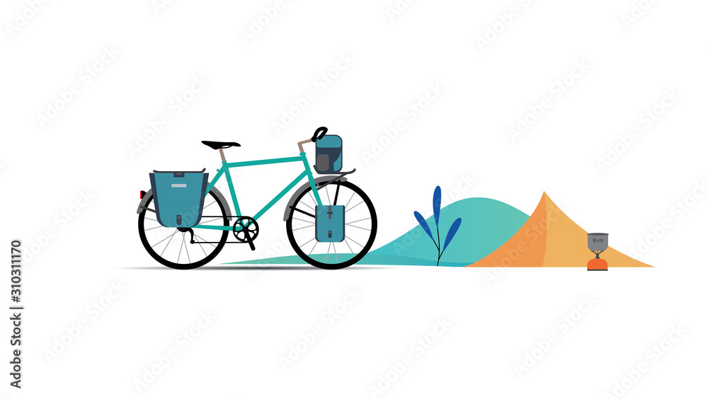 Vector set of touring bikes with saddlebag, frame bag, handlebar bag ...