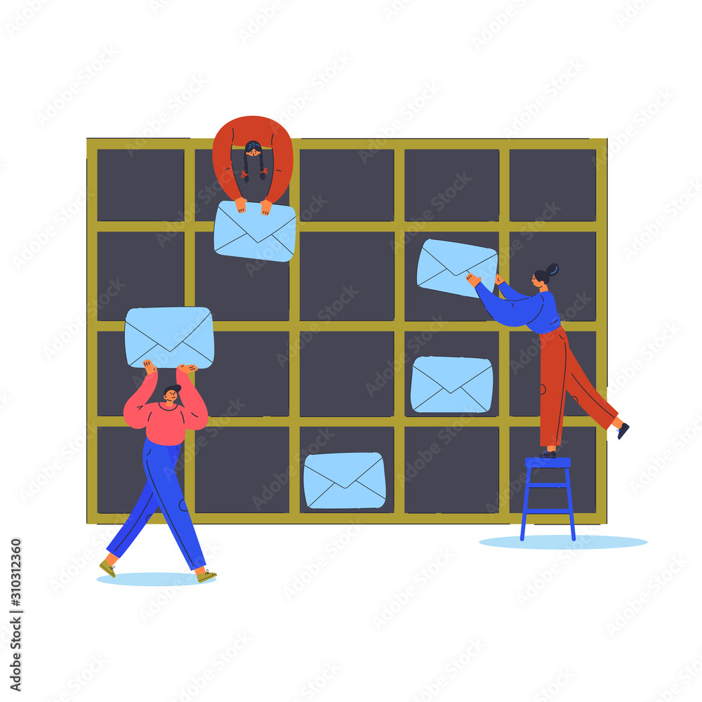 Tiny young man and women with giant letters sorting mail.Cartoon ...