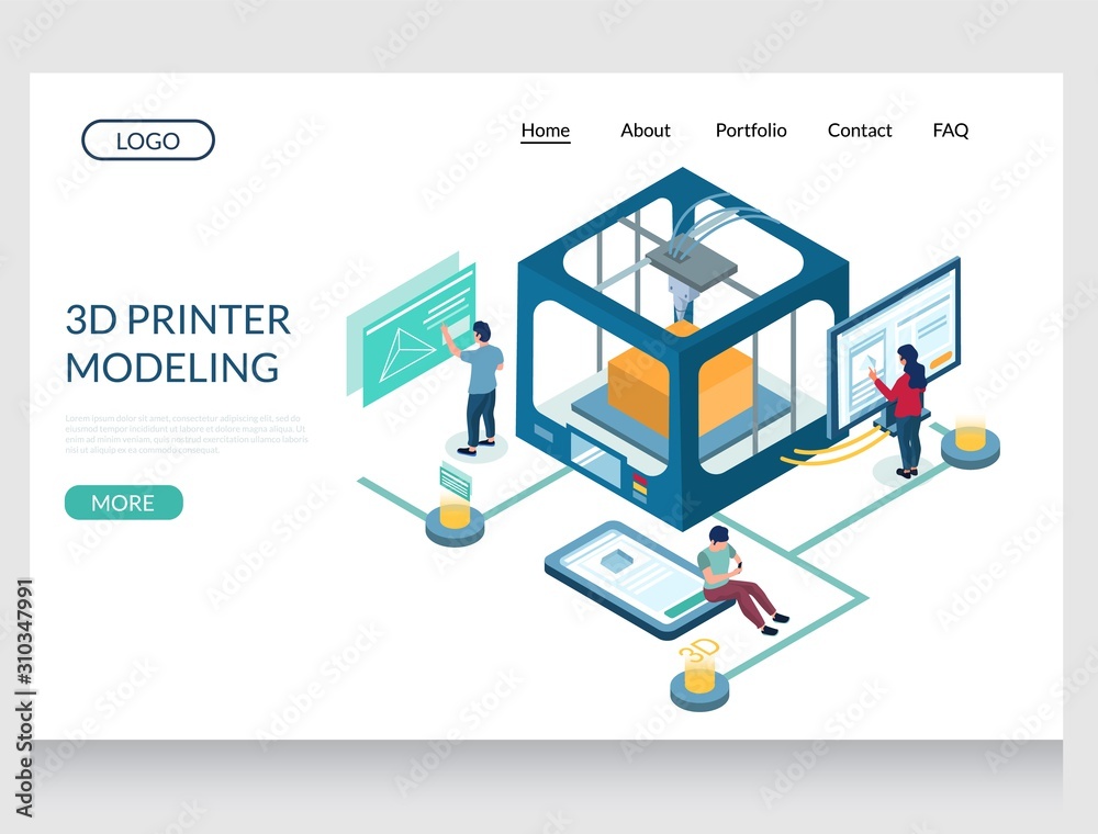 3d printer modeling vector website landing page design template Stock ...