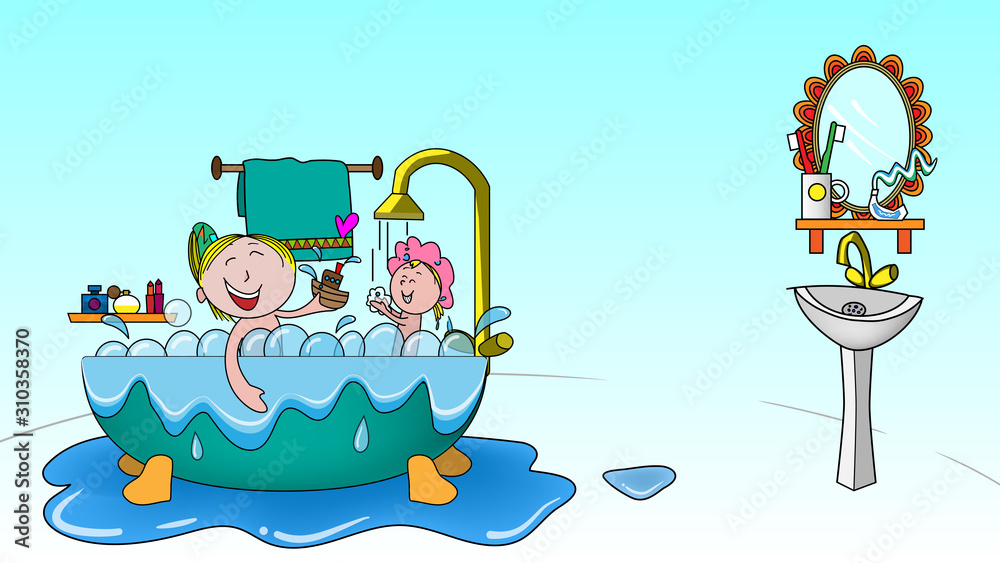 The cartoon illustration picture of the children playing water in the ...