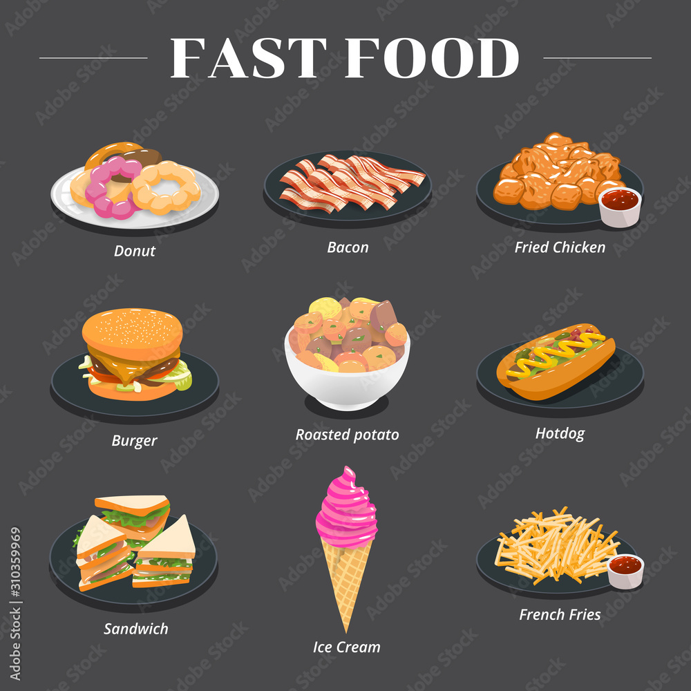 Fast food bacon,donut,fried chicken,hamburger,burger, roasted potato ...
