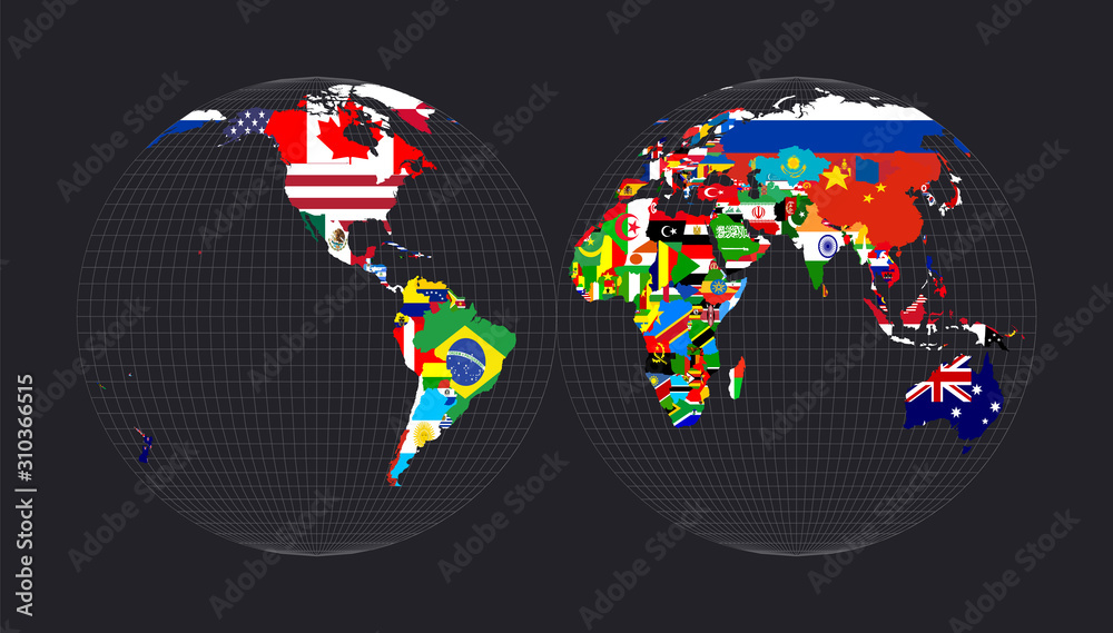 Worldmapwith flags of each country. Mollweide projection interrupted ...