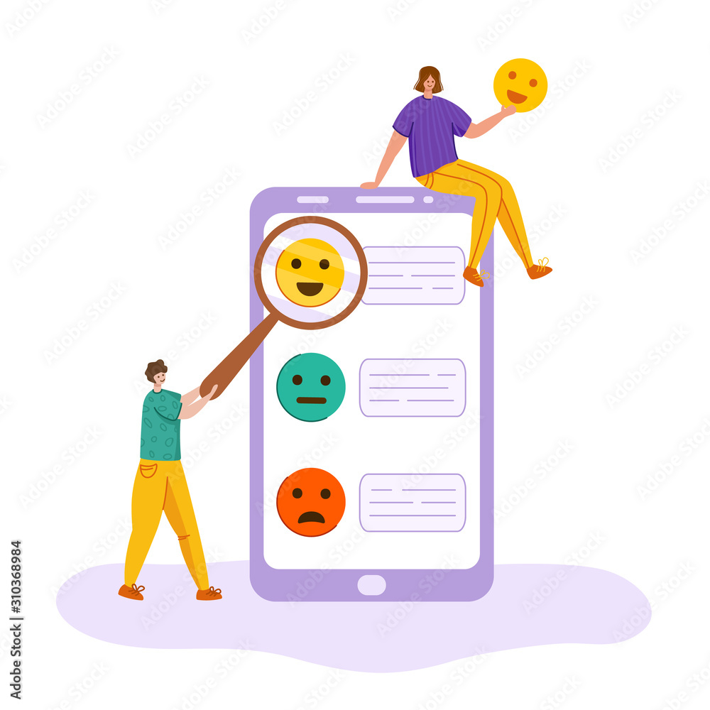 Client feedback concept, man and girl with magnifying glass show happy ...