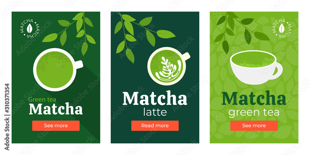 Set of banners with сups of green tea matcha, latte. Vector ...
